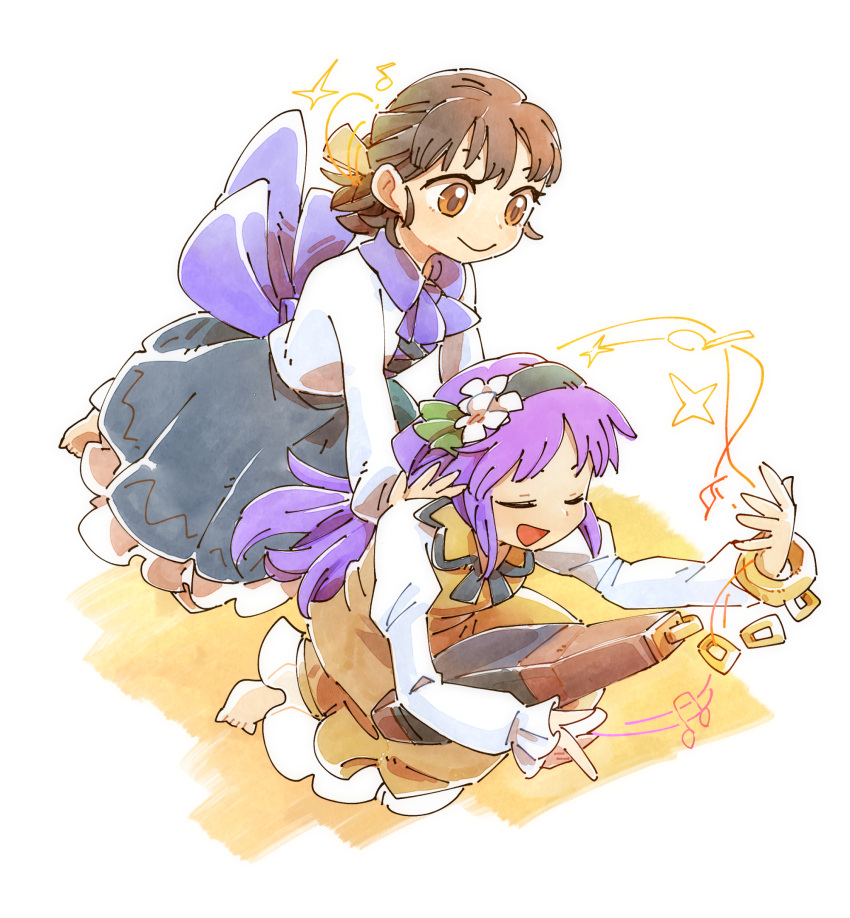 Safebooru - 2girls barefoot brown hair commission dress highres multiple girls purple hair shirt ...
