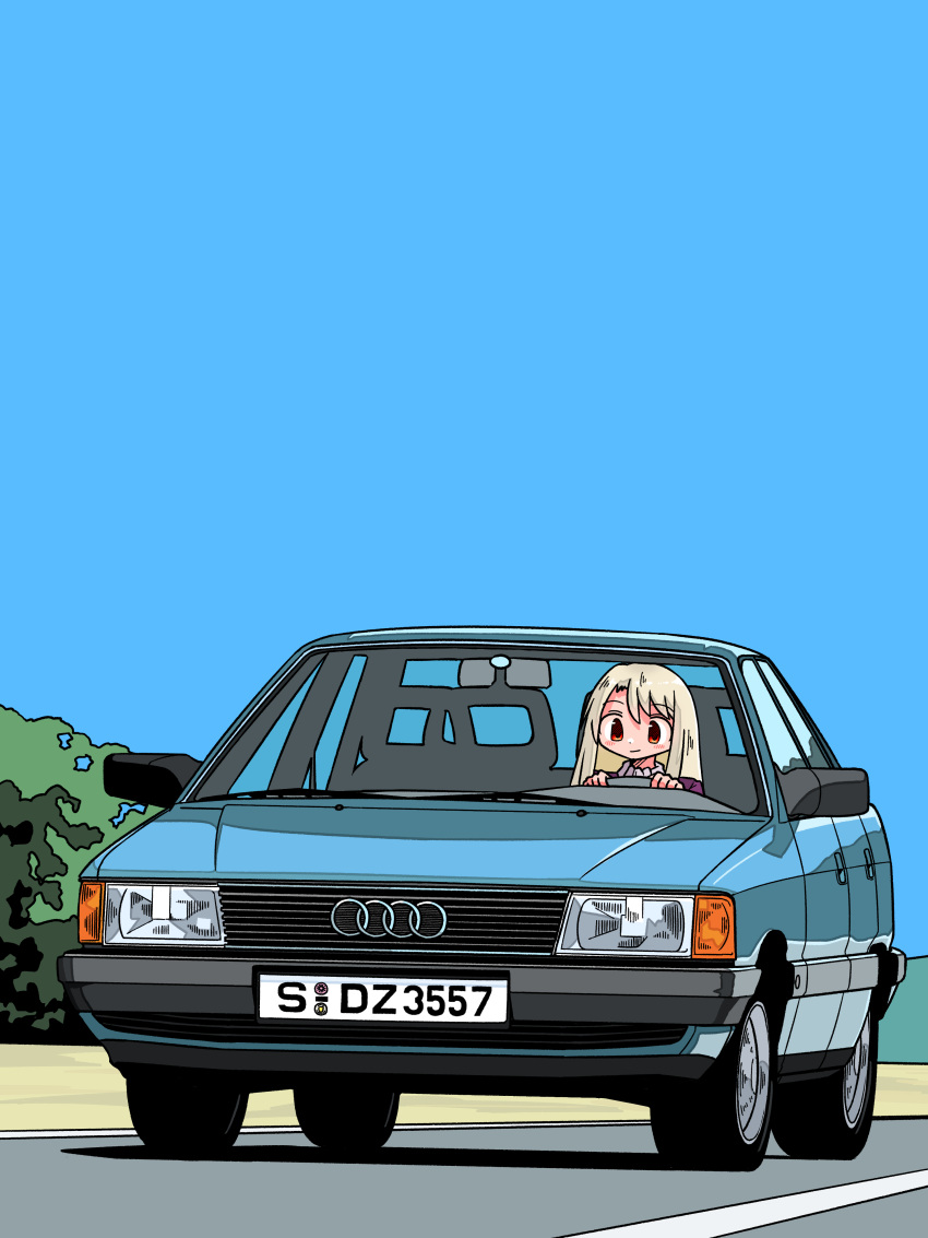 Safebooru - 1girl absurdres audi audi 100 blue car blue sky car closed mouth commentary request ...
