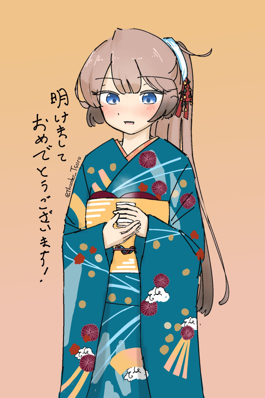 Safebooru - 1girl absurdres alternate costume blue eyes blue kimono blush brown hair commentary ...