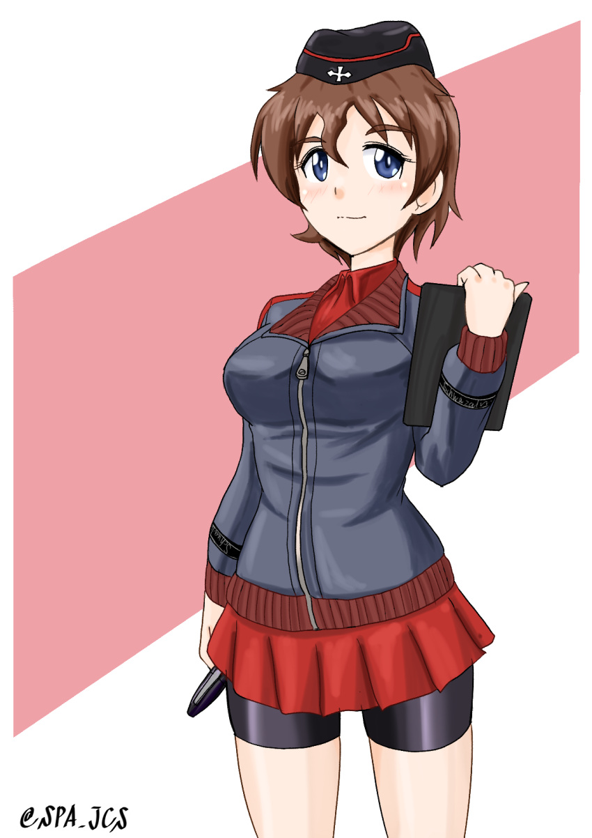 Safebooru - 1girl akaboshi koume bike shorts bike shorts under skirt black hat black jacket blue ...