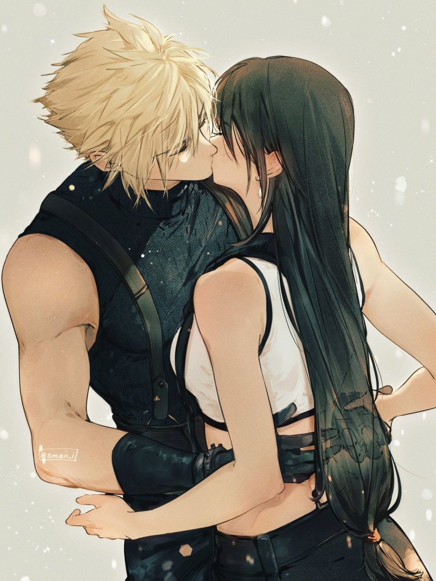 Safebooru - 1boy 1girl bare arms bare shoulders black gloves black hair black skirt blonde hair ...