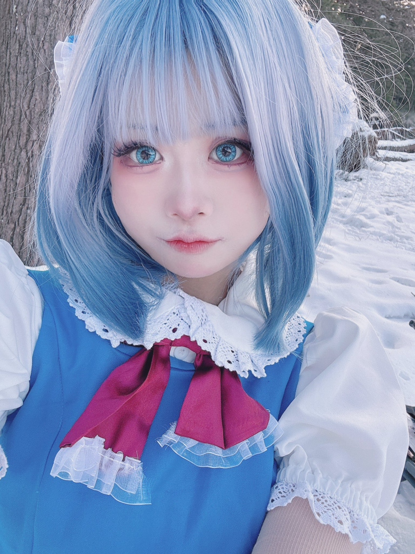 Safebooru - 1girl blue bow blue dress blue eyes blue hair bow cirno ...