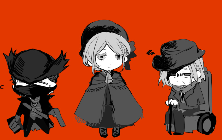 Safebooru - 1girl 2boys ascot belt buckle bloodborne bonnet boots bow bowler hat briefcase ...