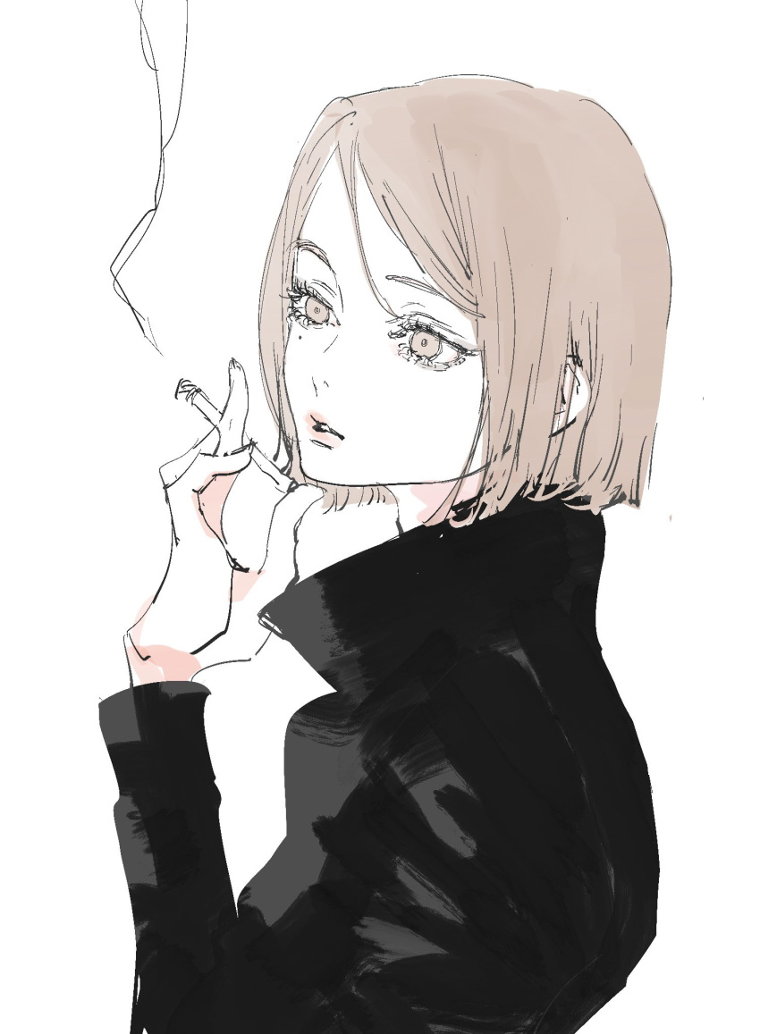 Safebooru - 1girl black jacket breasts brown eyes brown hair cigarette highres holding holding ...