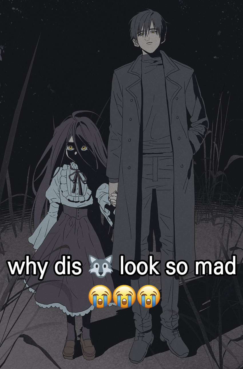 Safebooru - 1boy 1girl absurdres black coat black hair black pants black shirt coat dress emoji ...