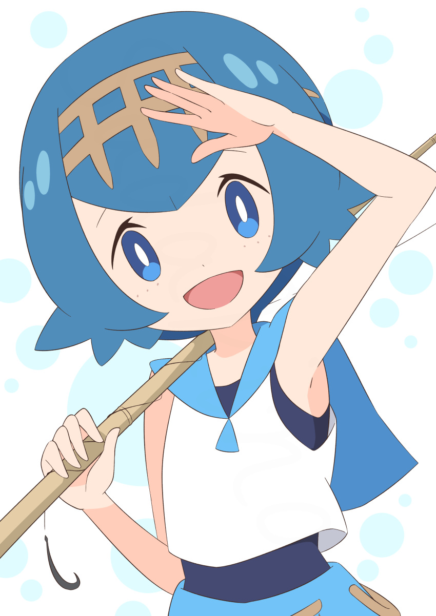 Safebooru - 1girl :d absurdres arm up bare arms blue eyes blue hair blue pants bright pupils ...