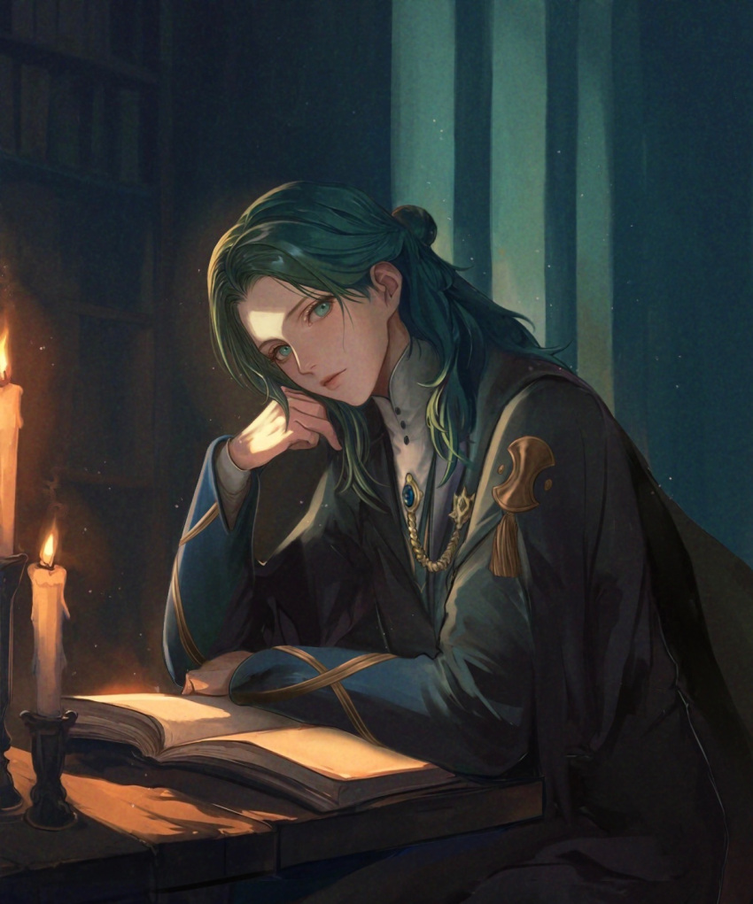 Safebooru - 1boy book bookshelf candle candlestand closed mouth ...