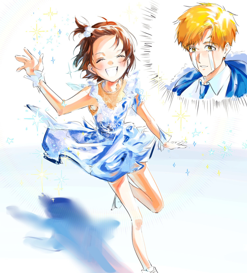 Safebooru - 1boy 1girl akeuraji tsukasa blonde hair blue coat brown hair coat crying dress dress ...