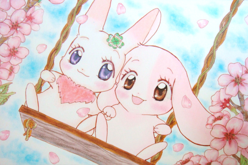 Safebooru - :3 animal focus blush brown eyes cherry blossoms chima (happy happy clover) clover ...