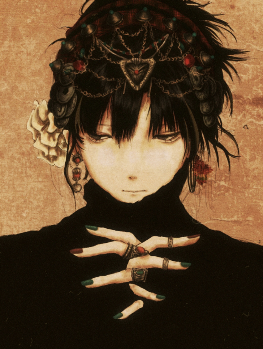 Safebooru - 1girl averting eyes black hair black sweater chain closed mouth earrings green nails ...