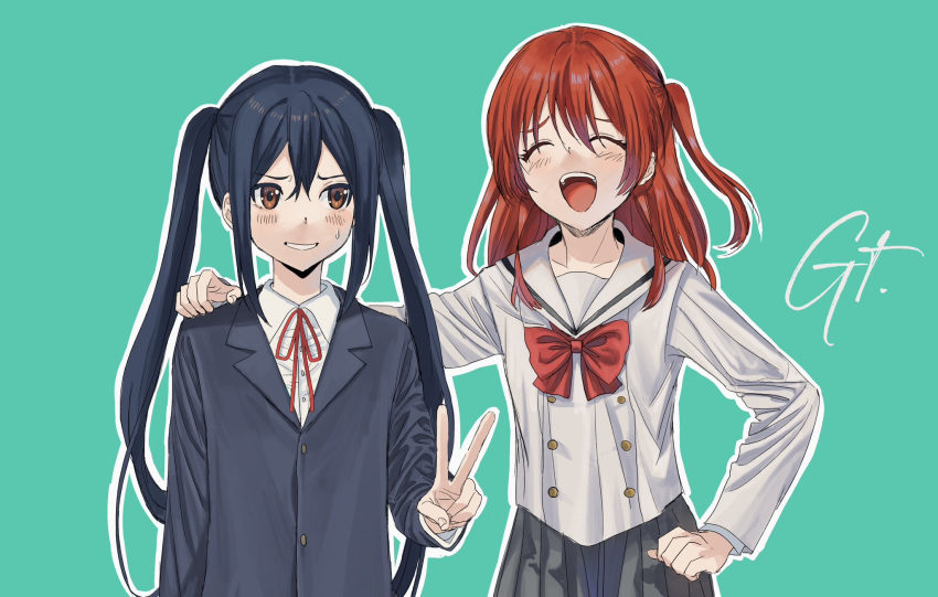 Safebooru - 2girls arm around shoulder black hair blazer blue jacket blurry blurry background ...