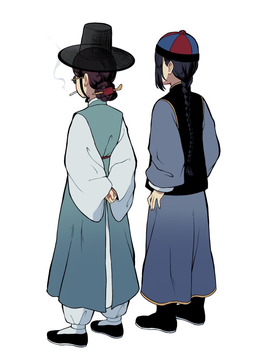 Safebooru - 2girls black hair black hat braid chinese clothes cigarette ...
