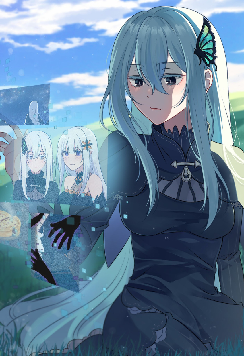 Safebooru - 1boy 2girls bare shoulders black capelet black dress black eyes black hair blue sky ...