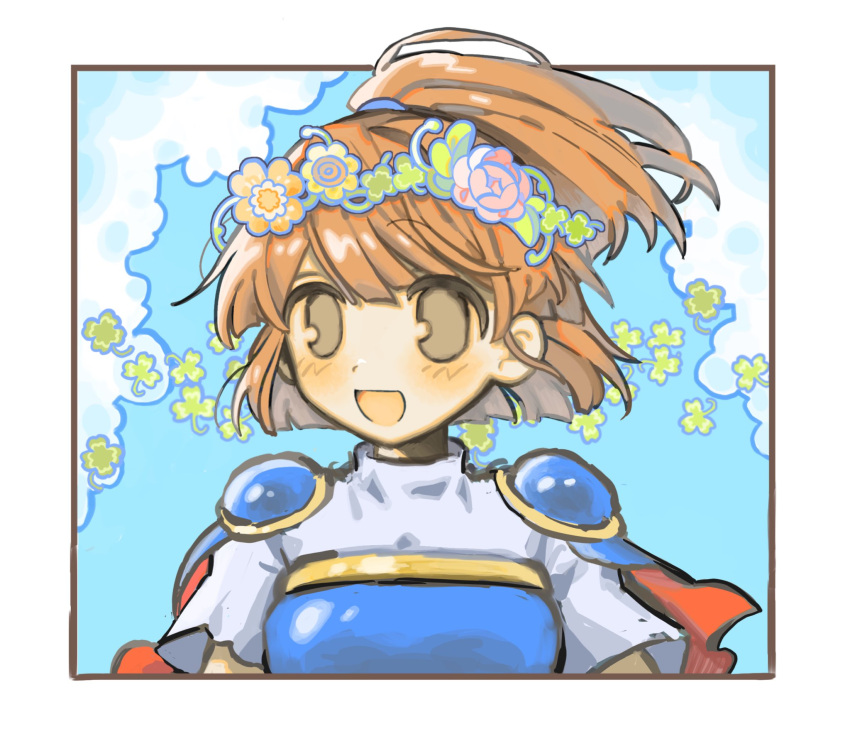 Safebooru - 1girl arle nadja armor blush border brown eyes brown hair cape clover four-leaf ...