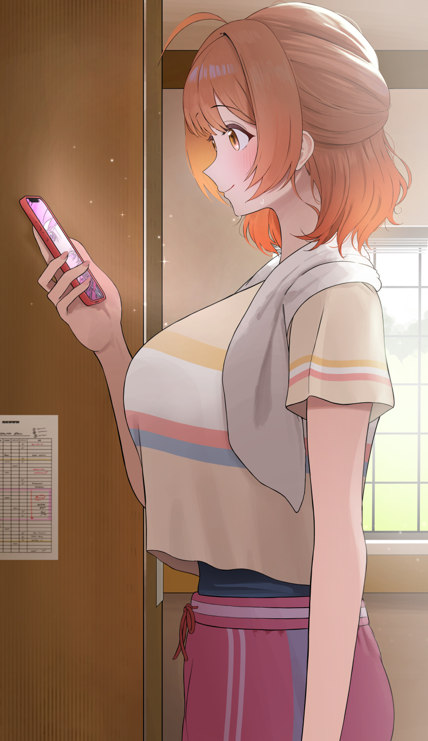 Safebooru - 1girl absurdres ahoge black tank top breasts brown eyes brown hair closed mouth ...