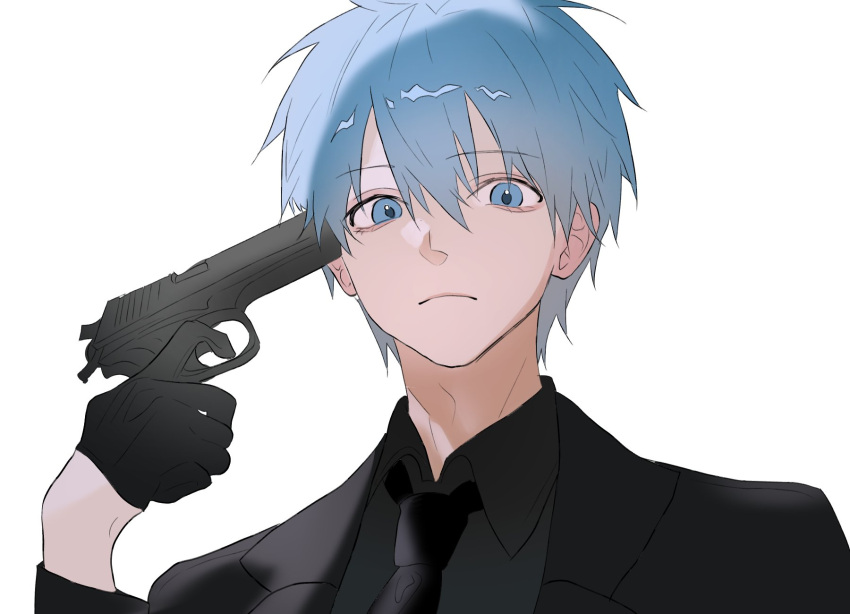 Safebooru - 1boy aiming alternate universe arm up black gloves black jacket black necktie black ...