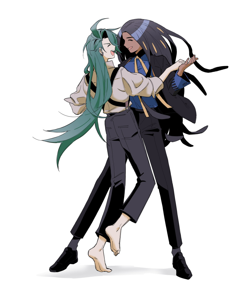 Safebooru - 2girls ^ ^ absurdres barefoot black footwear black hair black jacket black pants ...