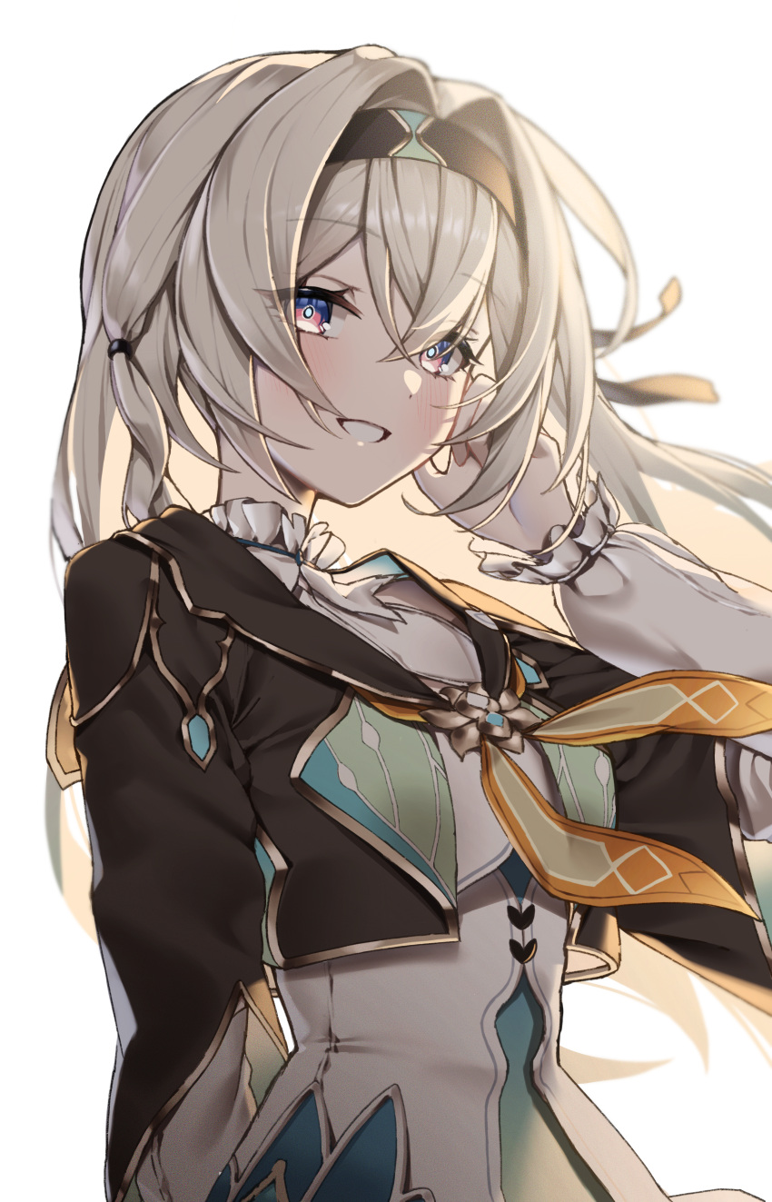 Safebooru - 1girl :d absurdres arm at side black hairband black jacket blue eyes blue pupils ...