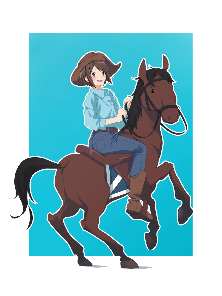 Safebooru - 1girl absurdres blue background blue shirt boots border brown eyes brown footwear ...