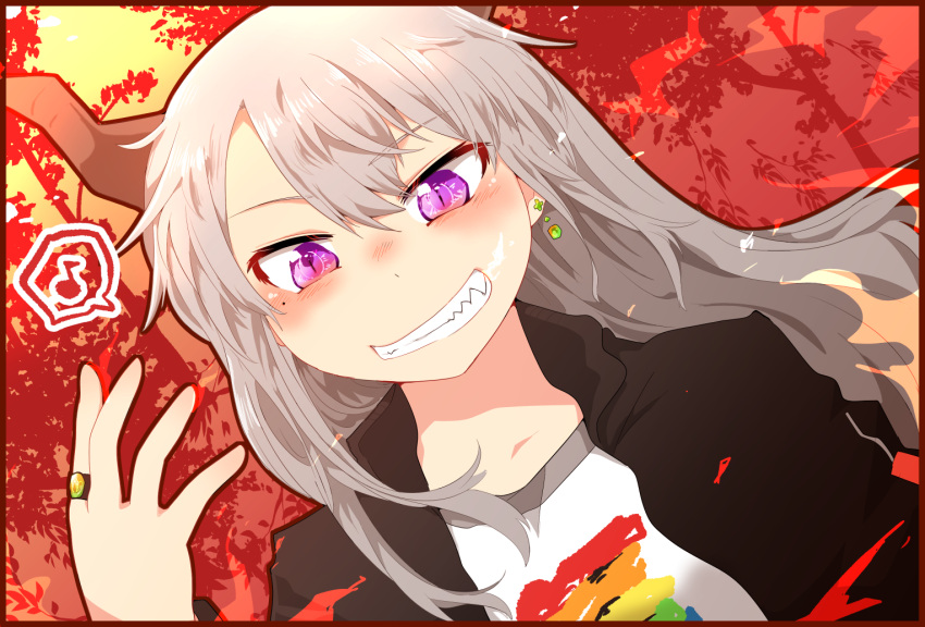 Safebooru - 1girl black jacket blush border collarbone dutch angle ...