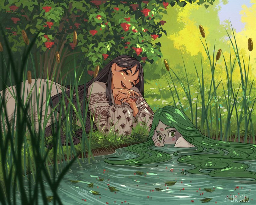 Safebooru - 2girls after kiss blush couple forest green eyes green hair ...