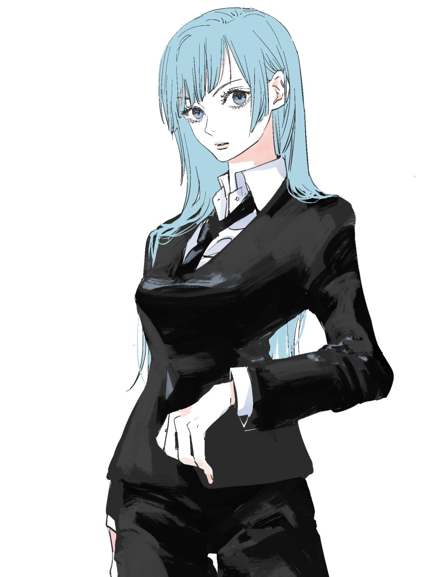 Safebooru - 1girl aqua hair black jacket black necktie black pants blue eyes breasts closed ...