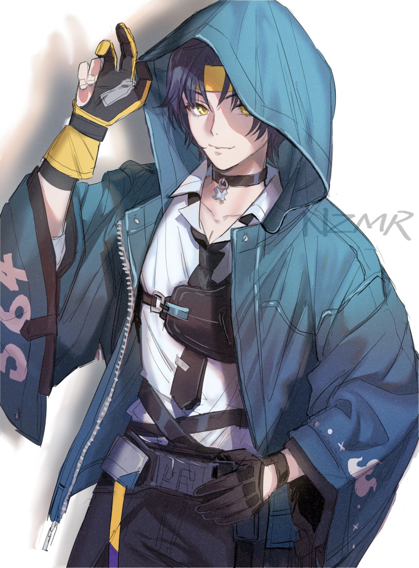 Safebooru - 1boy aqua jacket artist name asaba harumasa asymmetrical gloves belt black belt ...