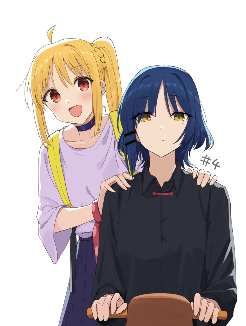 Safebooru - 2girls :d ahoge alternate costume backpack bag black shirt blonde hair blue choker ...
