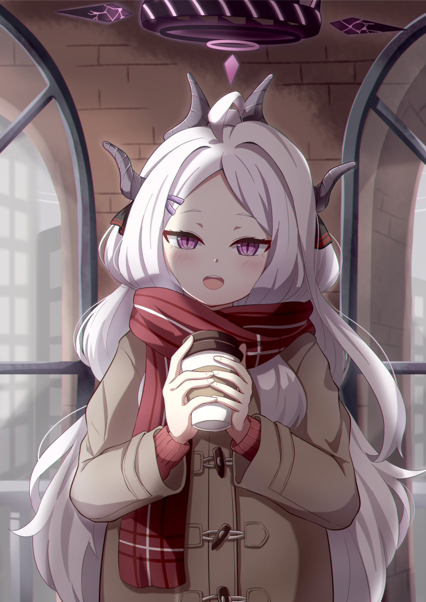 Safebooru - 1girl :d ahoge alternate costume blue archive blurry brown coat coat cup demon girl ...