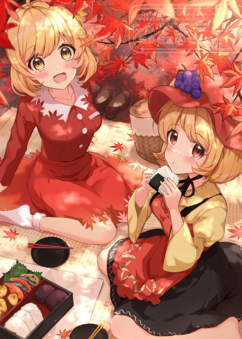 Safebooru - 2girls :t absurdres aki minoriko aki shizuha apron autumn leaves barefoot basket ...