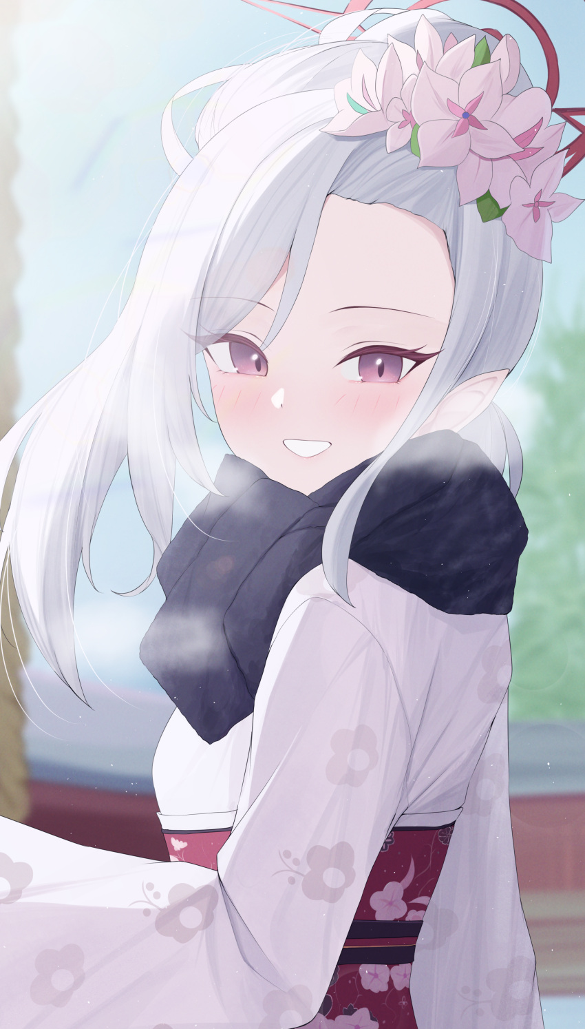 Safebooru - 1girl absurdres black scarf blue archive blush commentary day flower grin hair ...