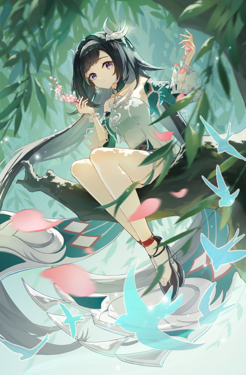 Safebooru - 1girl absurdres bare legs bare shoulders bird black footwear black hair breasts ...