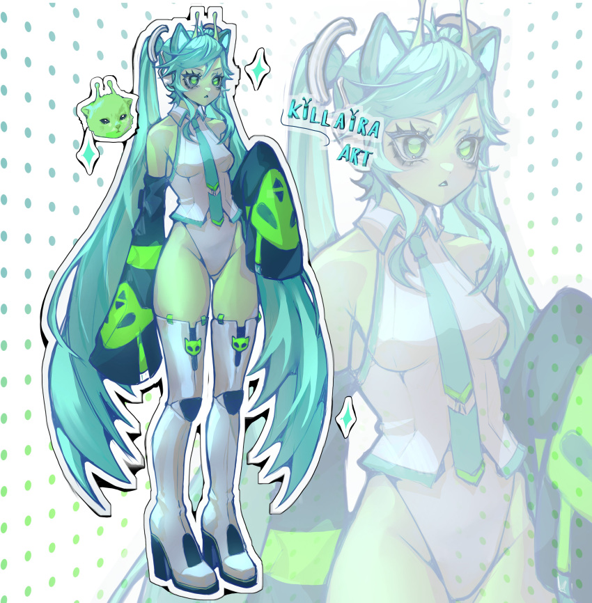 Safebooru - 1girl absurdres alien animal ears aqua hair cat ears colored skin detached sleeves ...