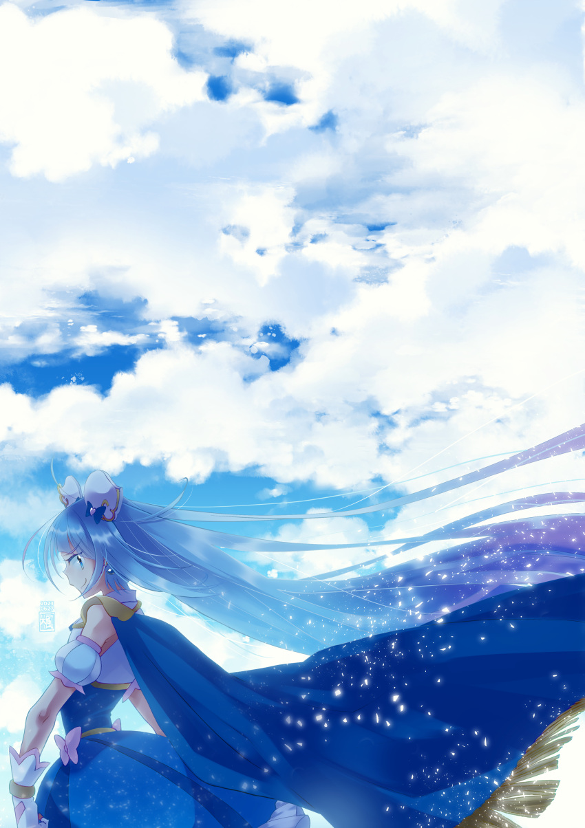 Safebooru - 1girl absurdres artist logo blue cape blue dress blue eyes blue hair blue sky bow ...