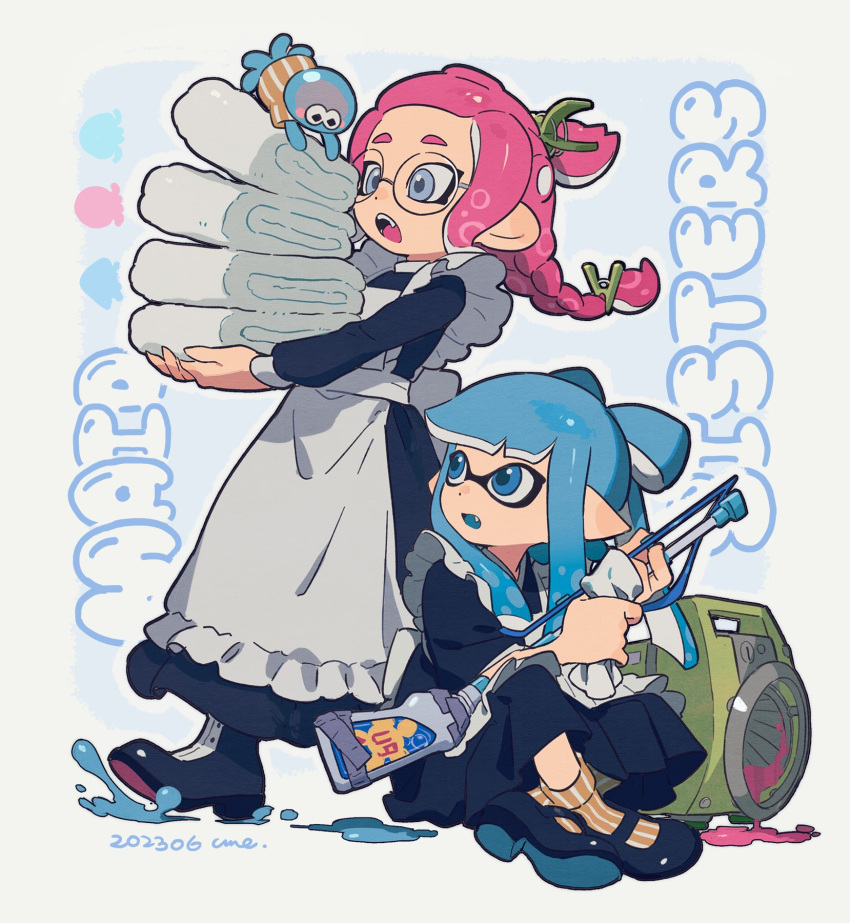 Safebooru - 2girls :o apron back bow black-framed eyewear black shoes blue dress blue eyes blue ...