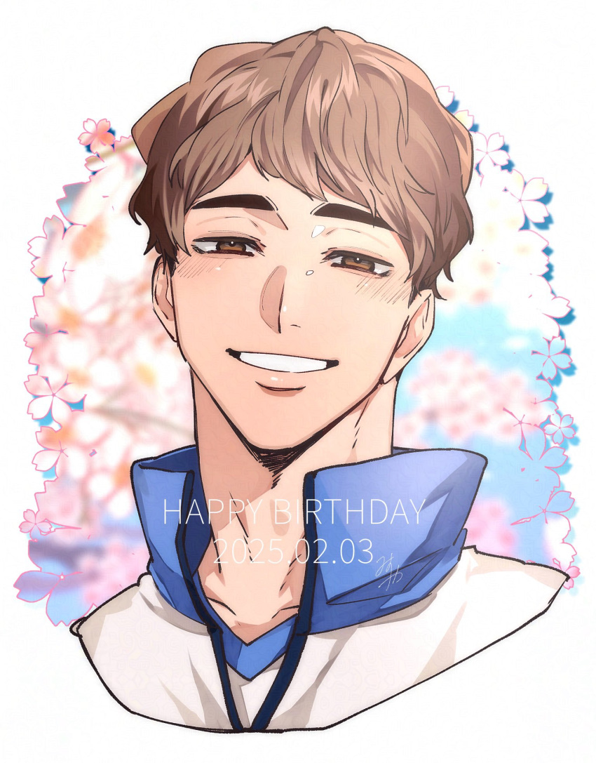 Safebooru - 1boy blush brown eyes brown hair collarbone collared jacket commentary request ...