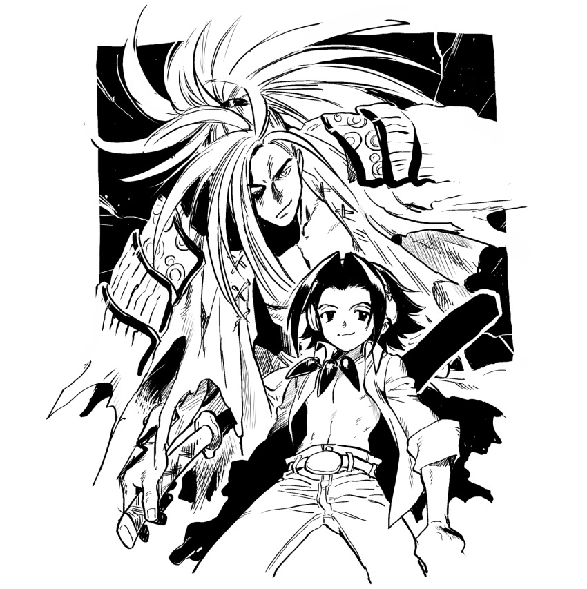 Safebooru - 2boys amidamaru armor asakura yoh belt hair over one eye ...