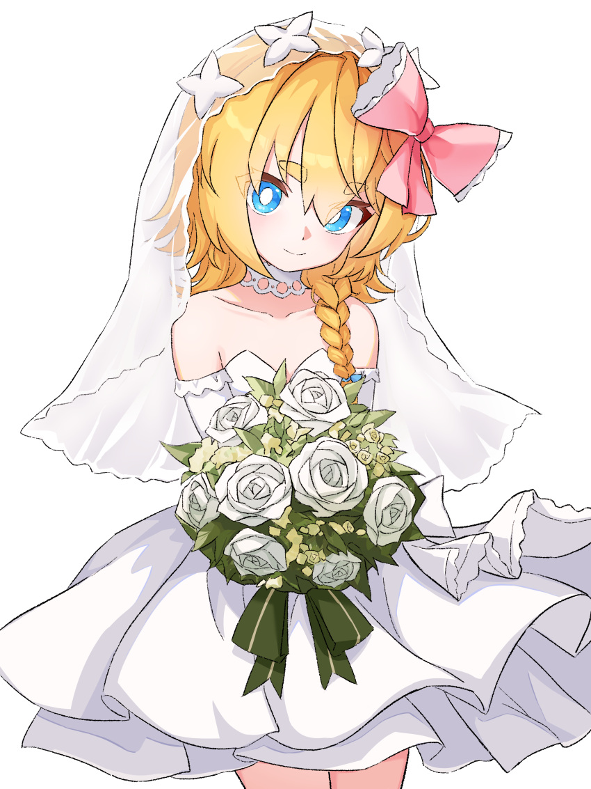 Safebooru - 1girl absurdres artist request blonde hair blue eyes blush bouquet bow braid bridal ...