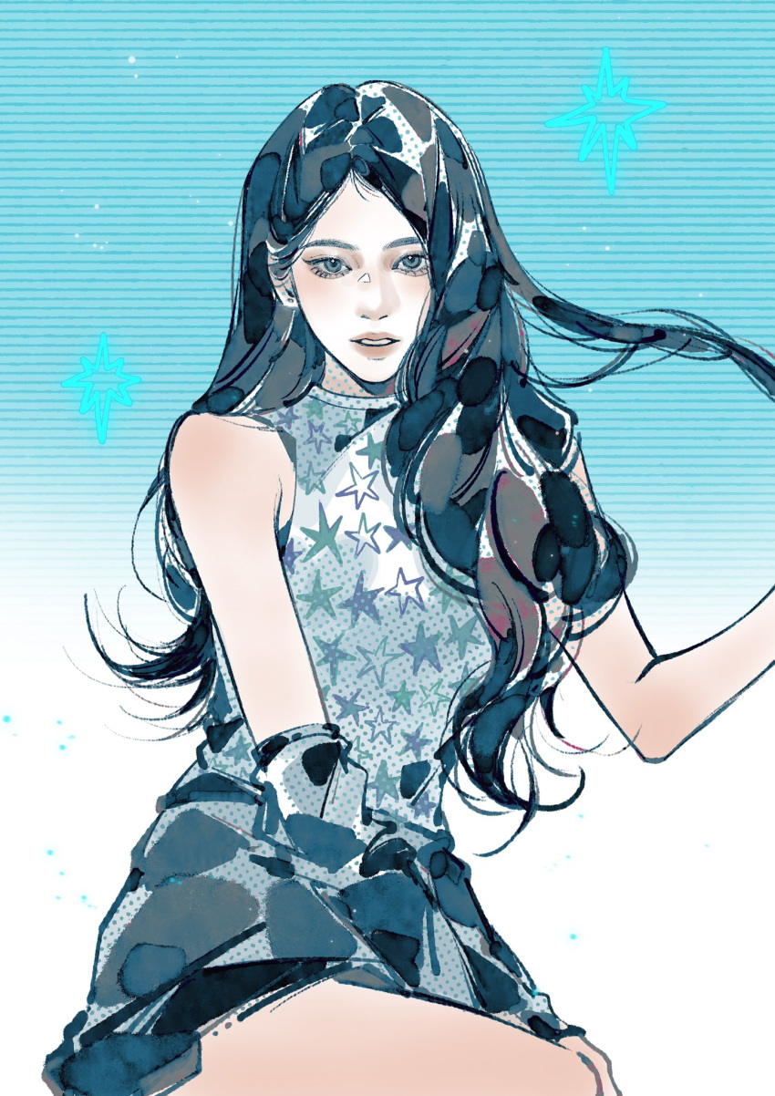 Safebooru - 1girl aespa black hair blue background blue theme commentary eyeshadow highres long ...