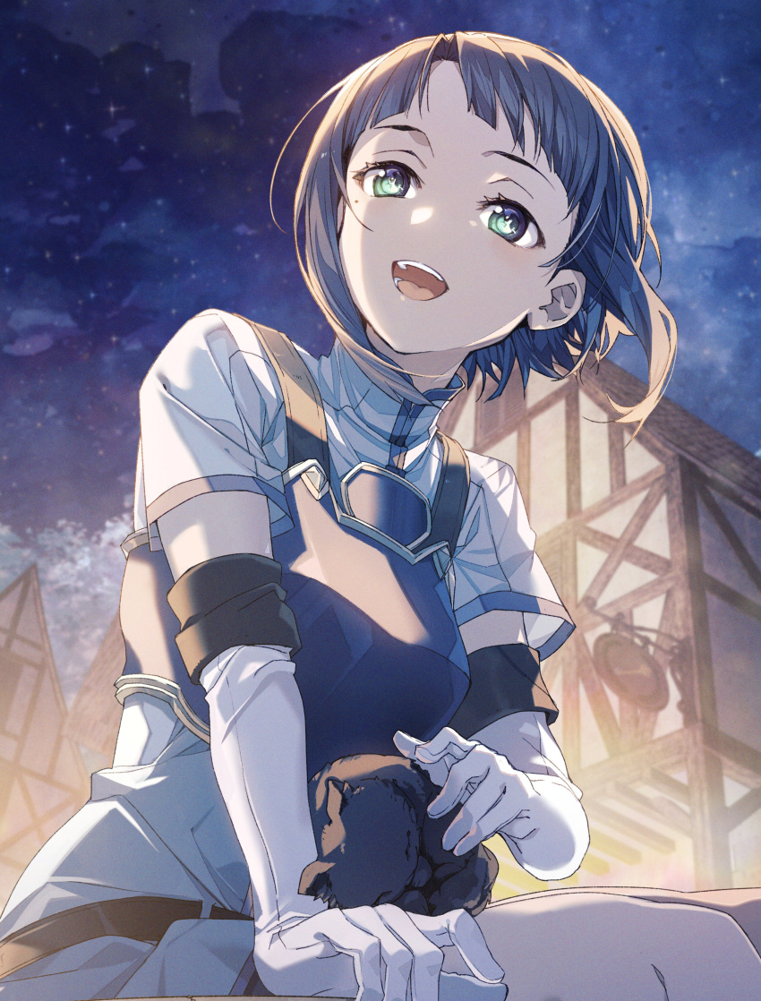 Safebooru - 1girl :d absurdres animal on lap armor black cat black hair blue eyes breastplate ...