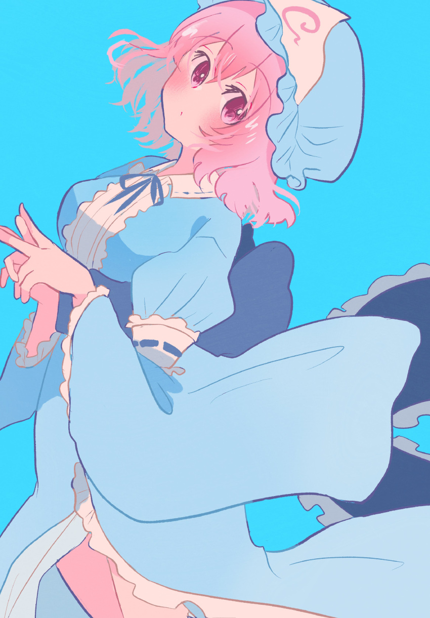 Safebooru - 1girl absurdres blue background blue kimono blush booonyanyanya frills from side ...