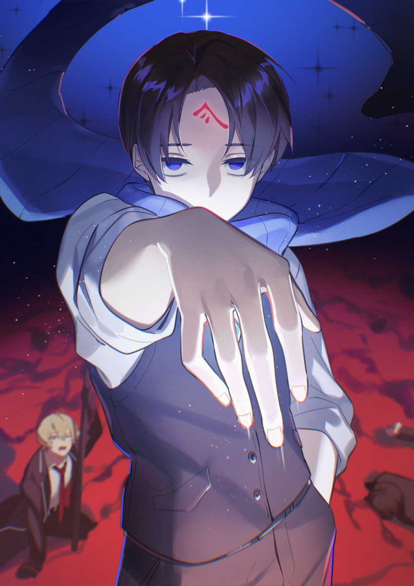 Safebooru - 2boys absurdres arm up blonde hair blue eyes blue scarf ...