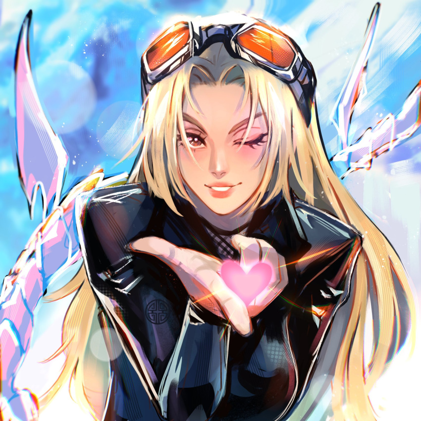 Safebooru - 1girl black jacket blonde hair blowing kiss blue sky bunnybelle22 commentary english ...