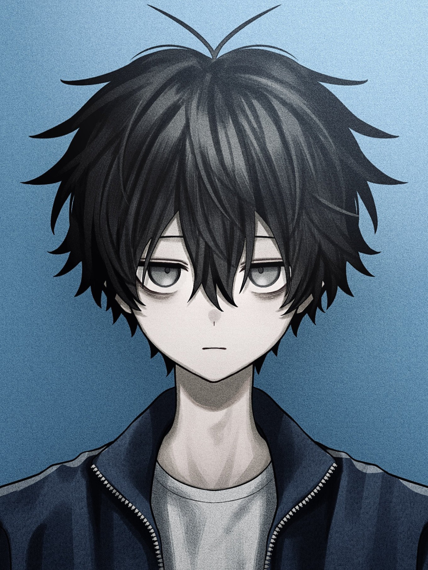 Safebooru - 1boy antenna hair bags under eyes black hair blue background blue jacket closed ...