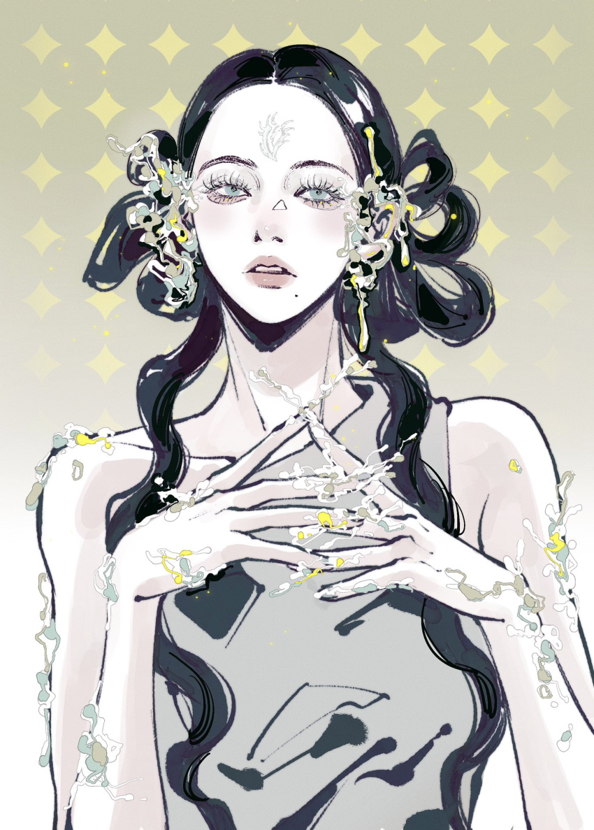 Safebooru - 1girl aespa black hair commentary eyelashes facial mark fingernails flower hair bun ...