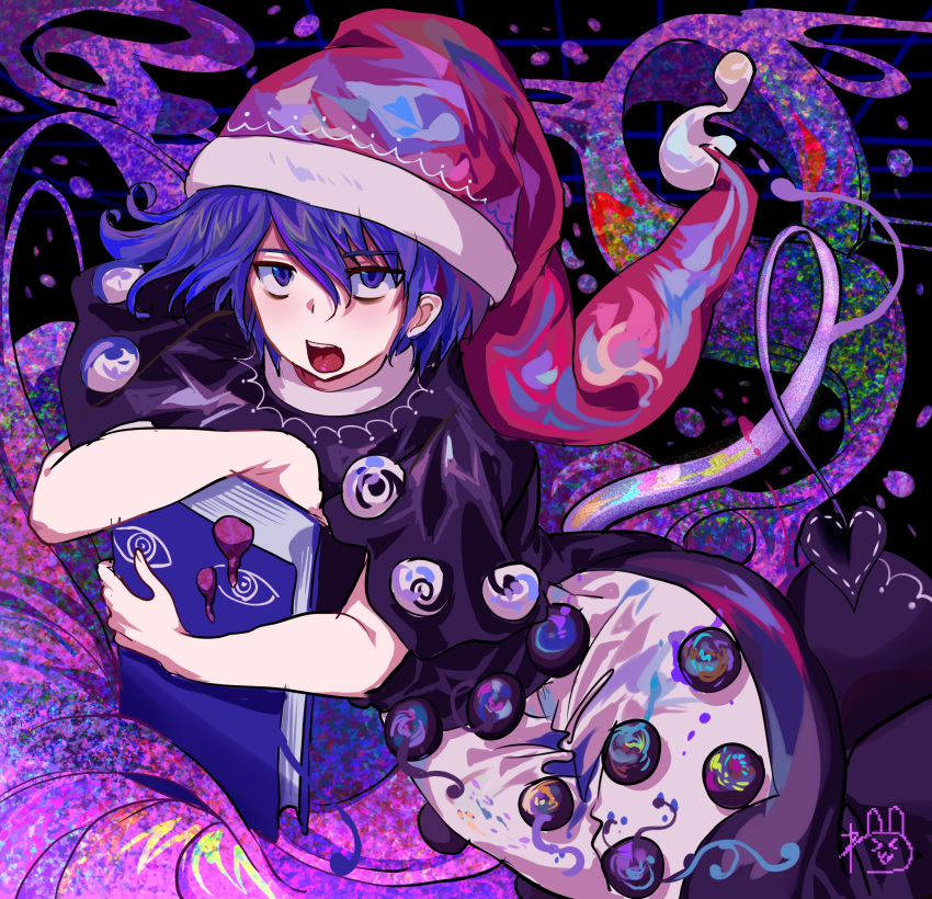 Safebooru - 1girl abstract background absurdres black dress blue eyes blue hair book doremy ...