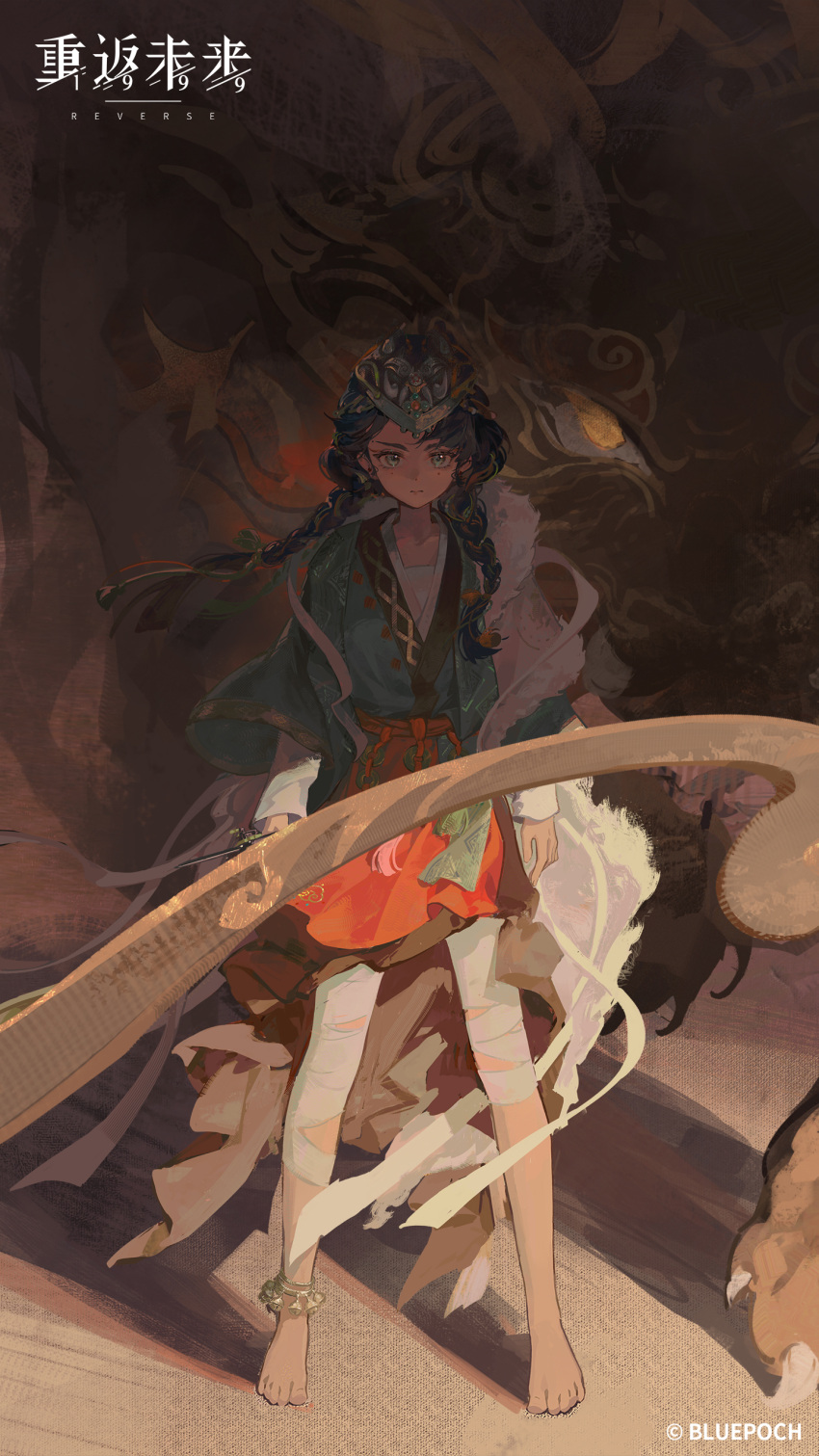 Safebooru - 1girl :| absurdres ankle bell bandaged leg bandages barefoot black hair braid ...