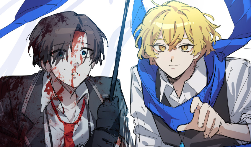 Safebooru - 2boys alternate costume black gloves blonde hair blue eyes blue scarf brown hair ...