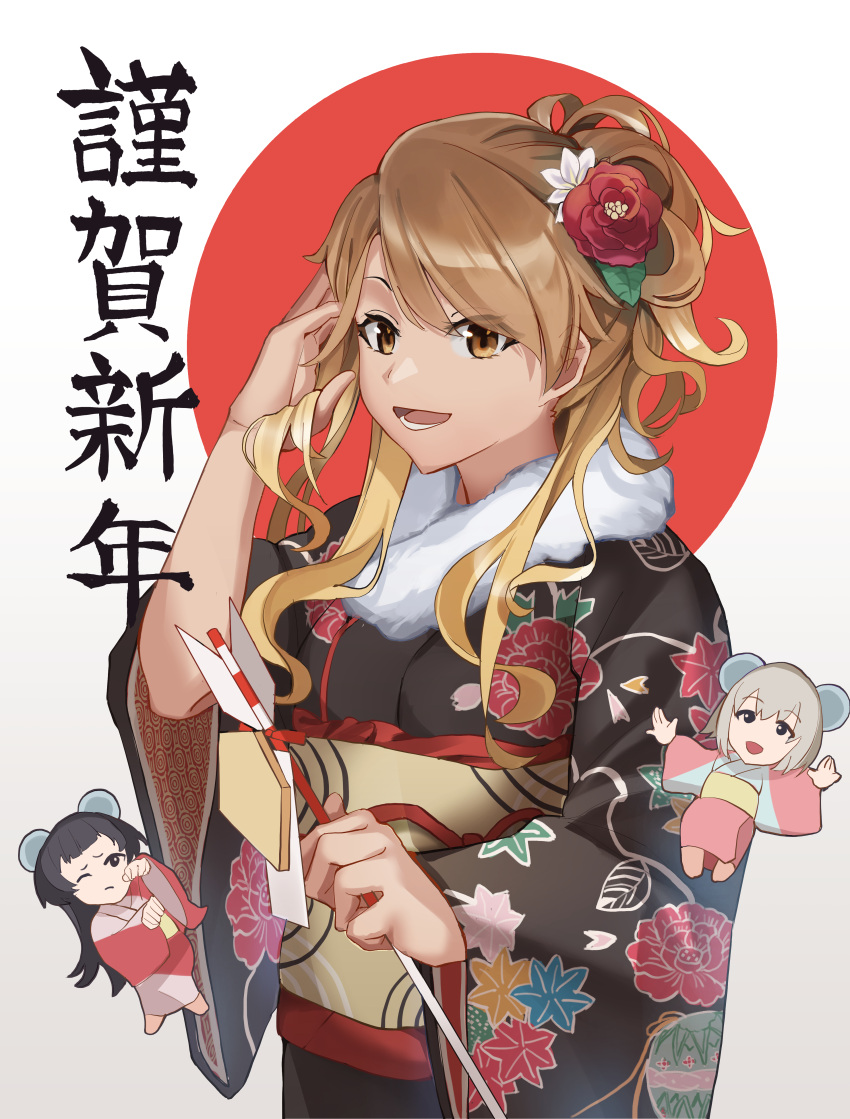 Safebooru - 3girls absurdres alternate hairstyle arrow (projectile) black hair black kimono ...