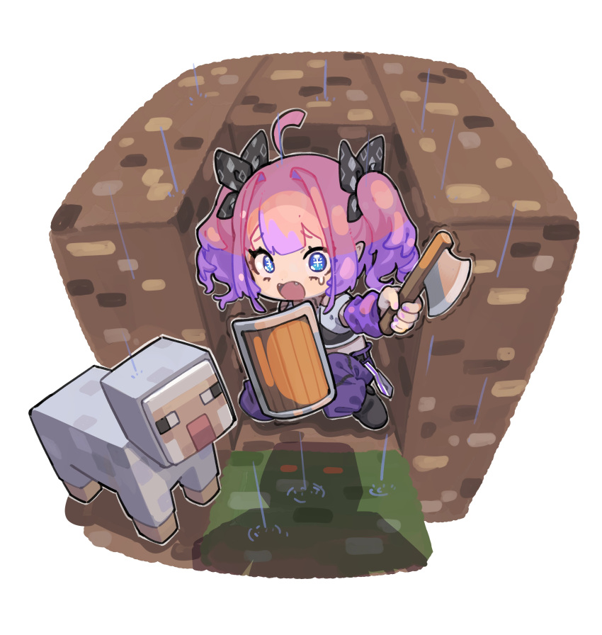 Safebooru - 1girl absurdres ahoge axe blue eyes fang fugota6509 highres holding holding axe ...